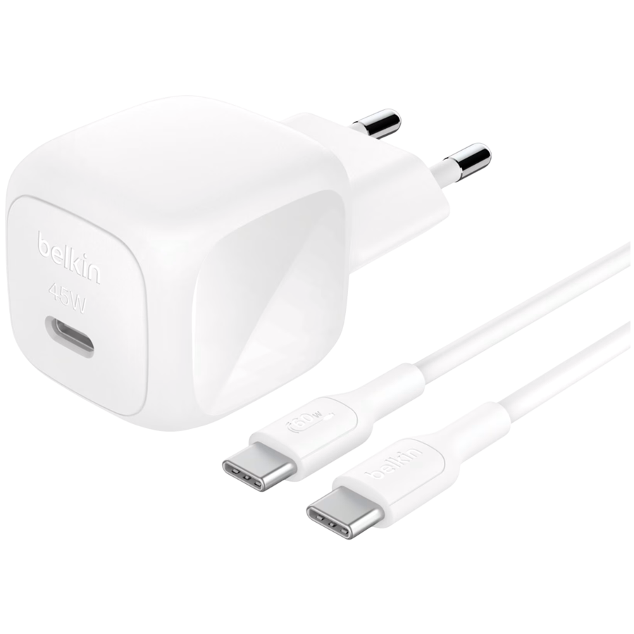 BELKIN 45W USB-C PD WALL CHARGER, 1M C-C CBL, WHT - Mobi RI Store
